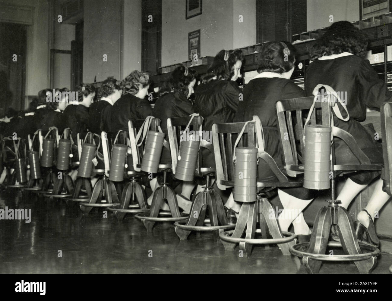 Telephone switchboard operators ready with antigas masks, Venice, Italy ...