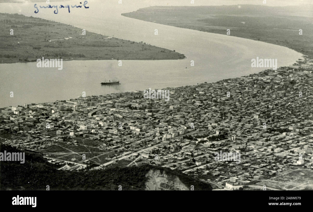 Aerial view of Guayaquil and Guayas river, Ecuador 1950s Stock Photo ...