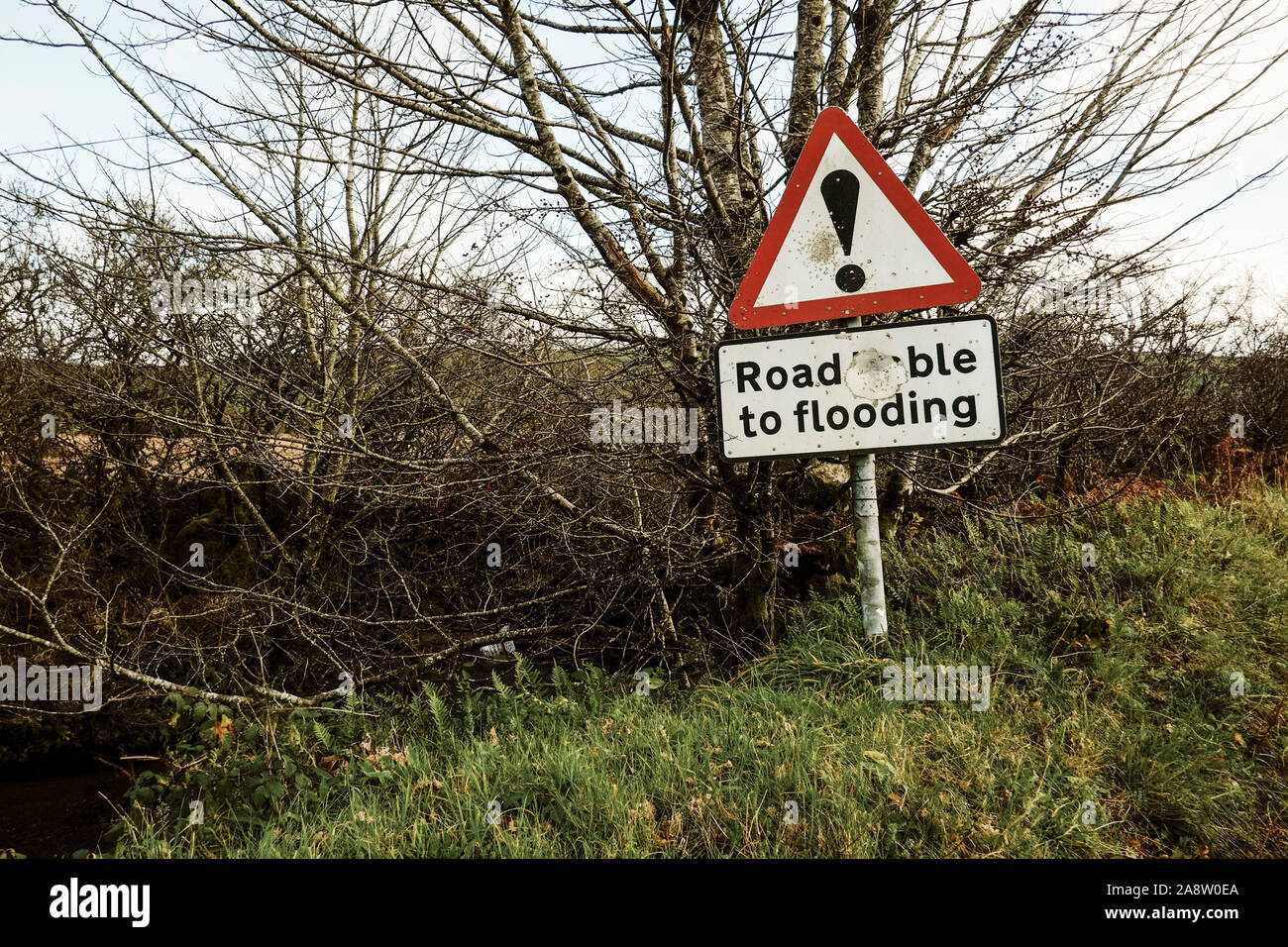 A traffic sign with shotgun pellet damage on Bodmin Moor in Cornwall ...