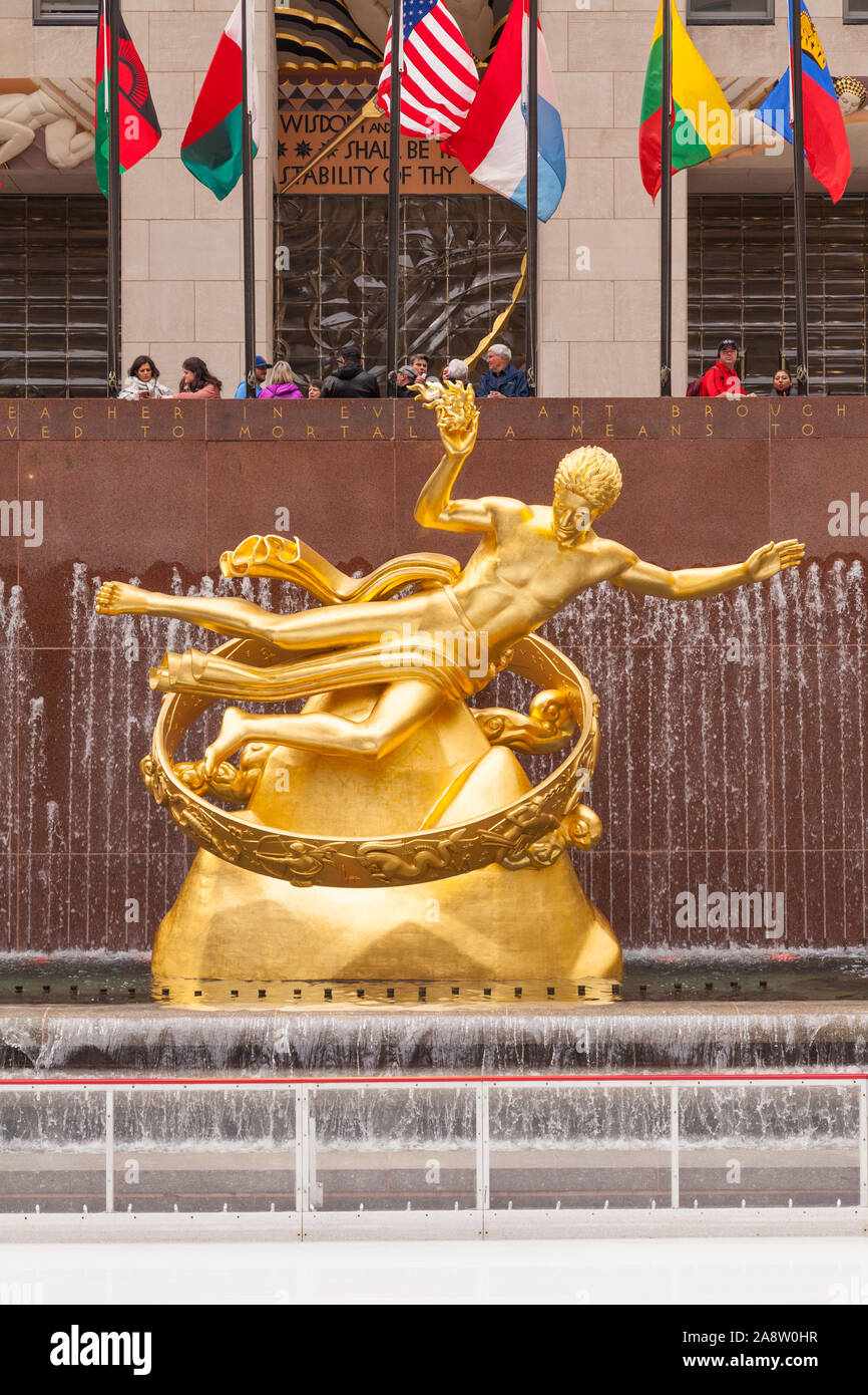 Statue of Prometheus in the lower Plaza overlooking the ice Rink ...