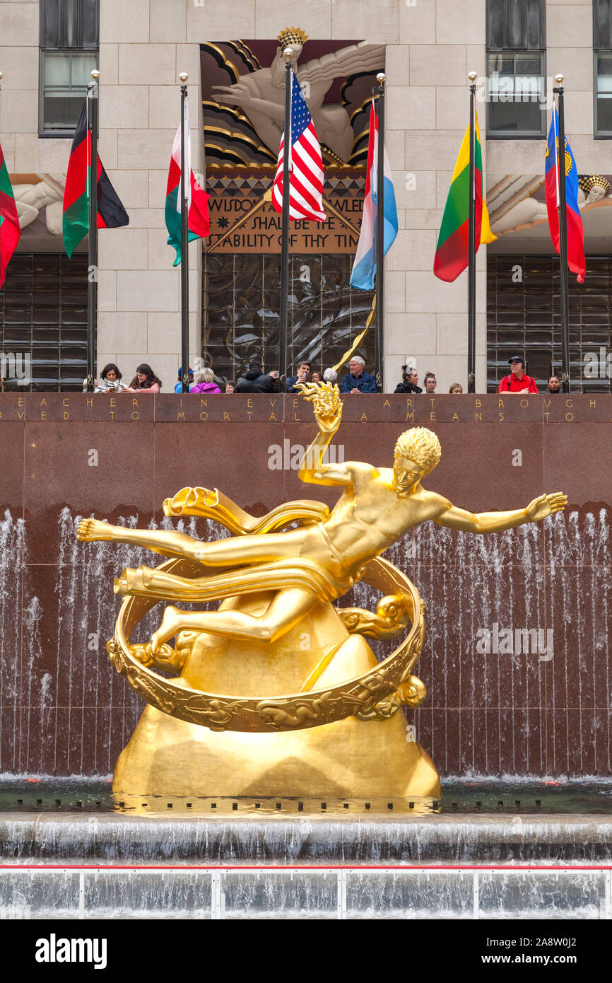 Statue of Prometheus in the lower Plaza overlooking the ice Rink ...