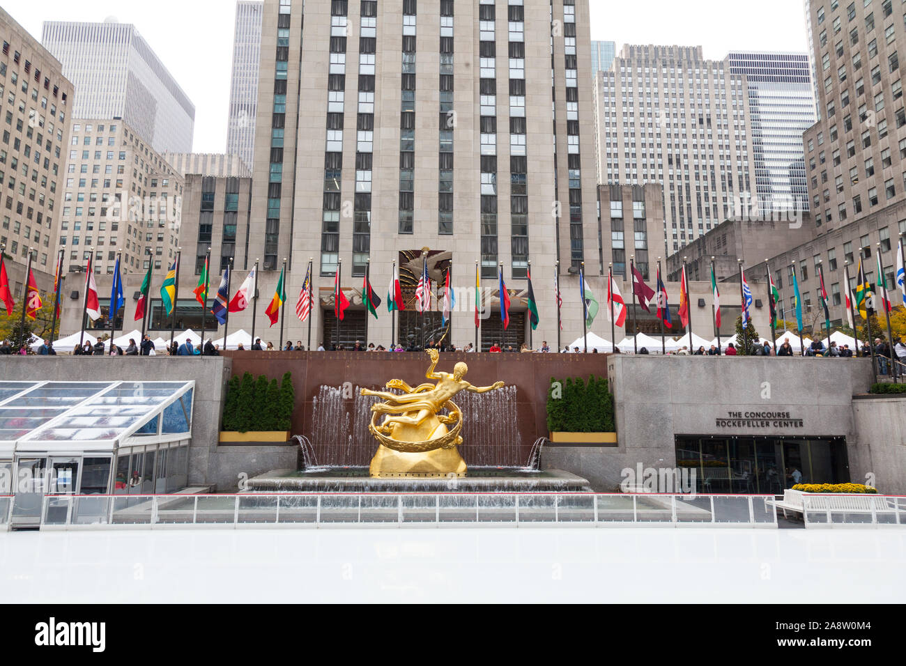 Statue of Prometheus in the lower Plaza overlooking the ice Rink ...