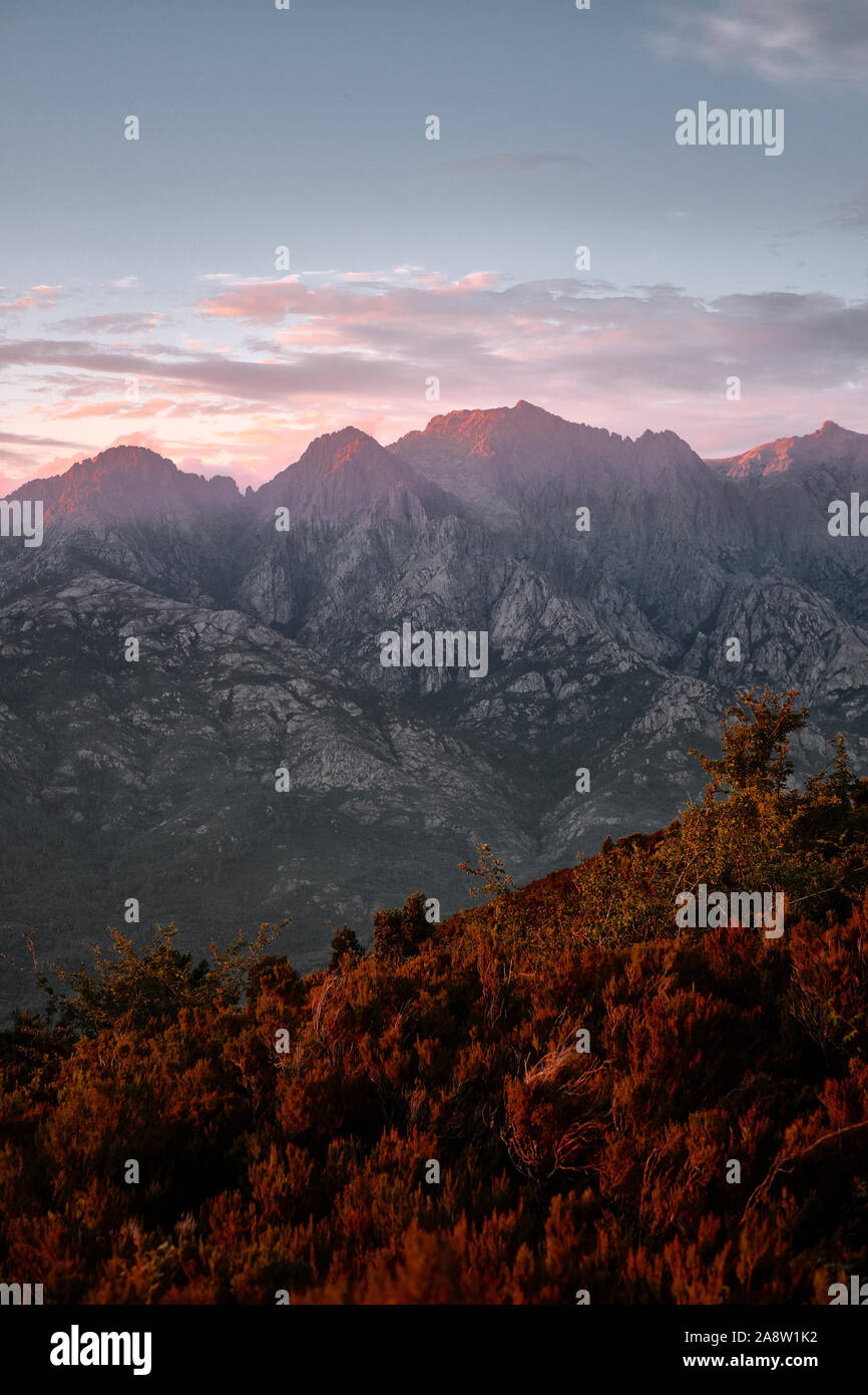The granite mountain peaks of the upper Gravona Valley near Bocognano ...