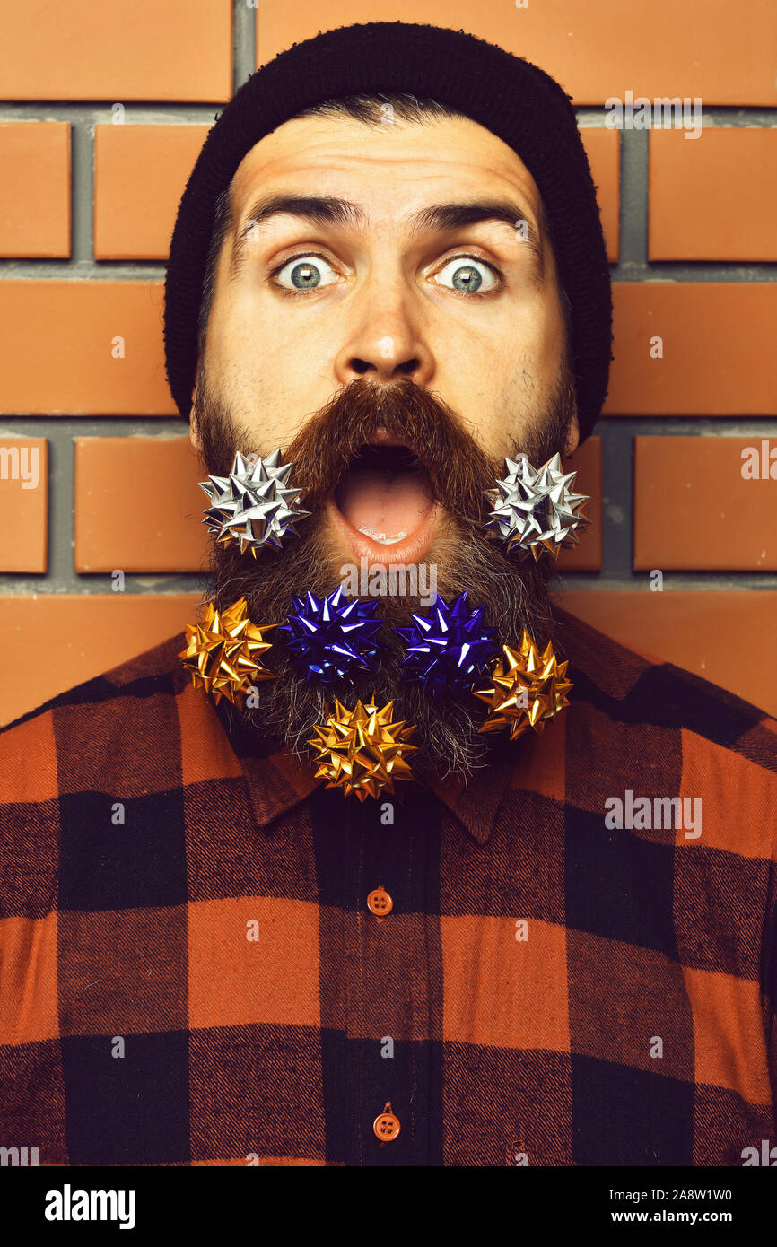 Bearded man, long beard. Brutal caucasian surprised hipster with ...