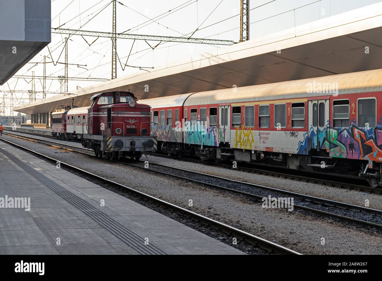 SOFIA, BULGARIA - SEPTEMBER 15, 2019: Sunset view of Central Railway ...