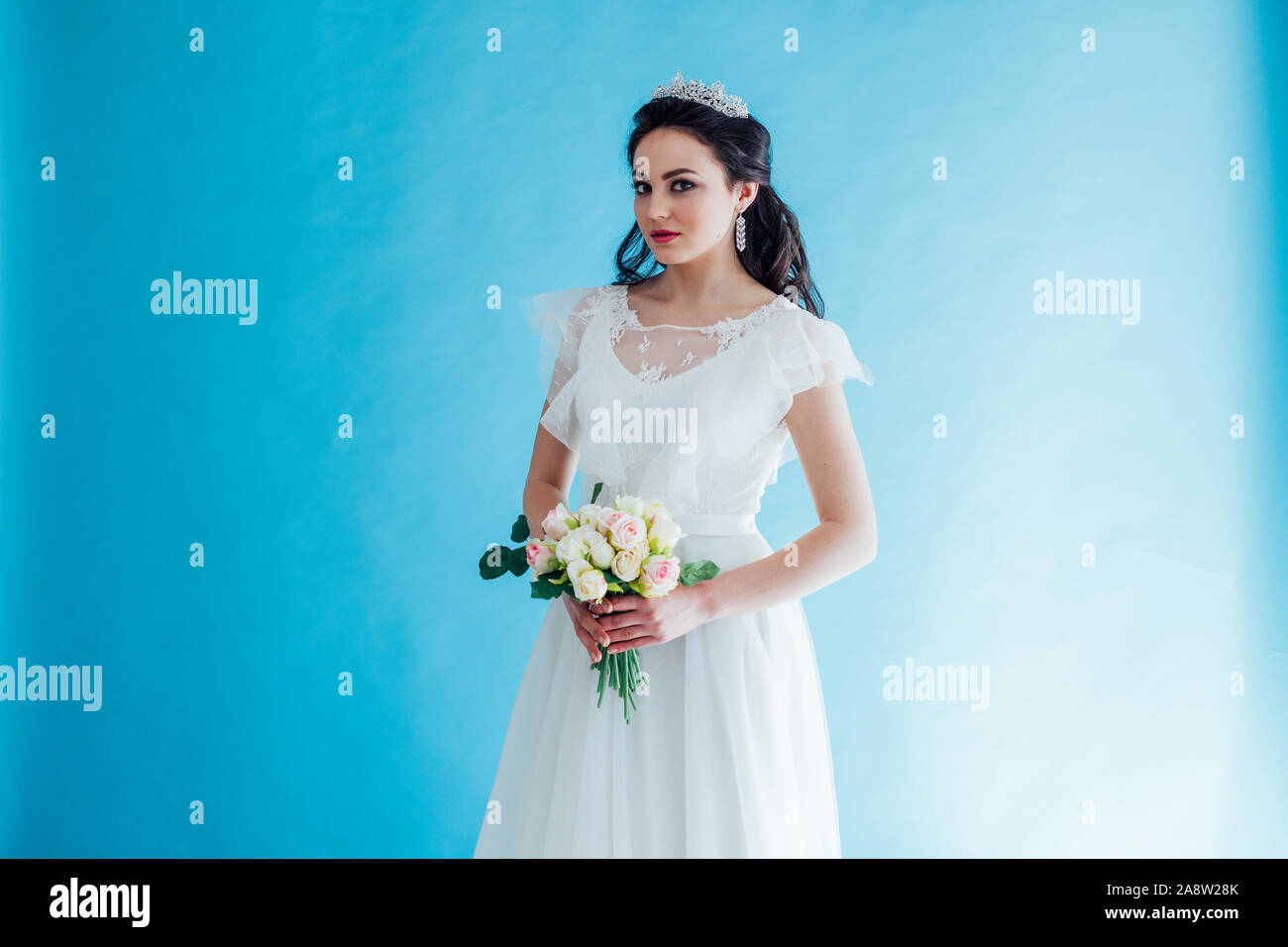 Princess Bride in a white dress with a Crown on a blue background Stock ...