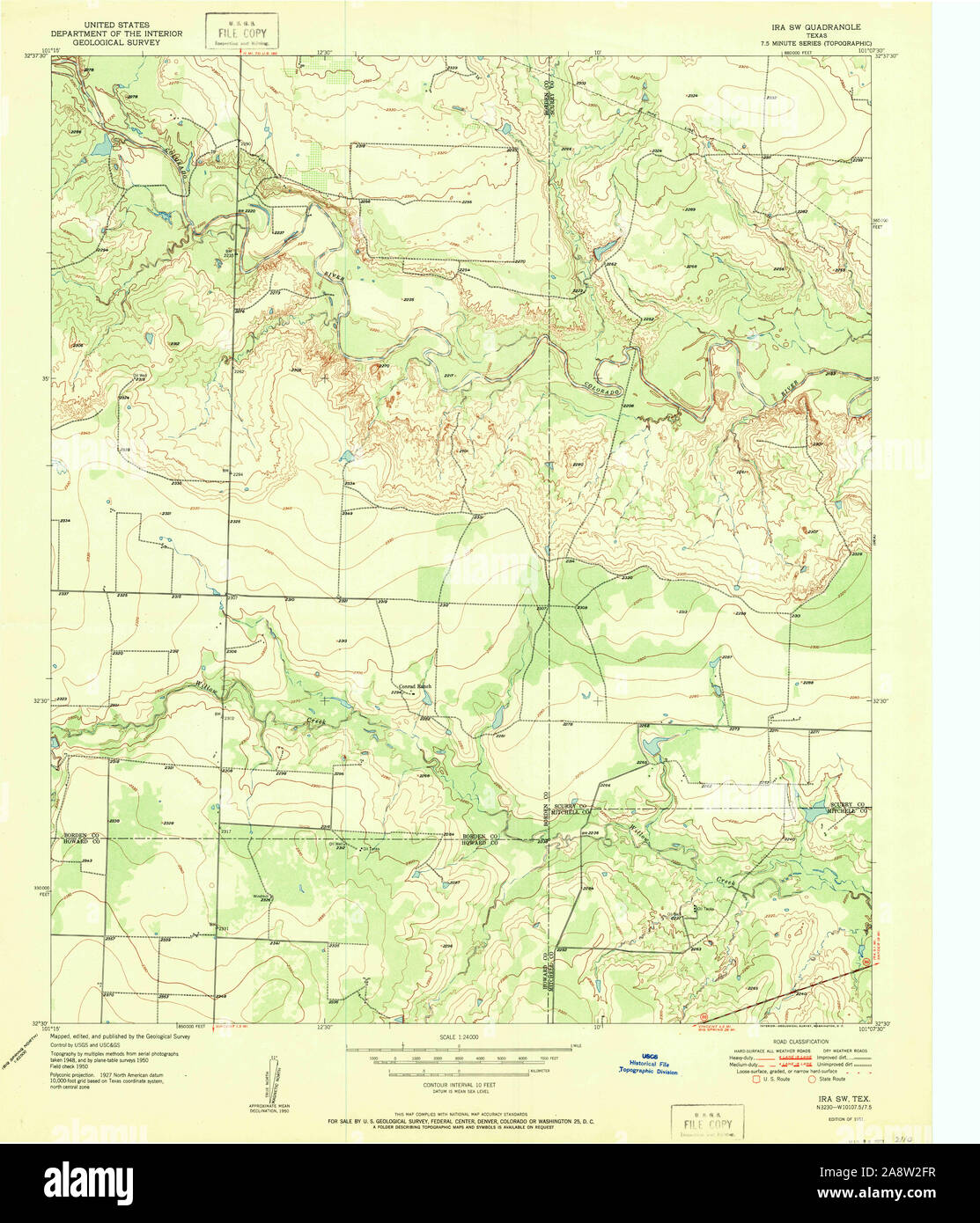 USGS TOPO Map Texas TX Ira SW 111010 1951 24000 Restoration Stock Photo ...
