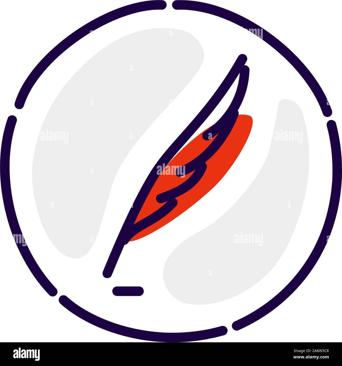 Illustration of pen icon in a circle. Vector. Red bird feather. Contour ...