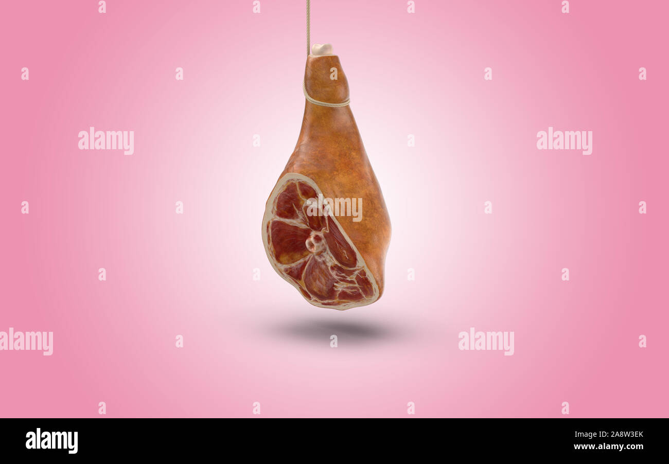 Hanged ham on a shiny pink surface. High resolution scene designed with ...