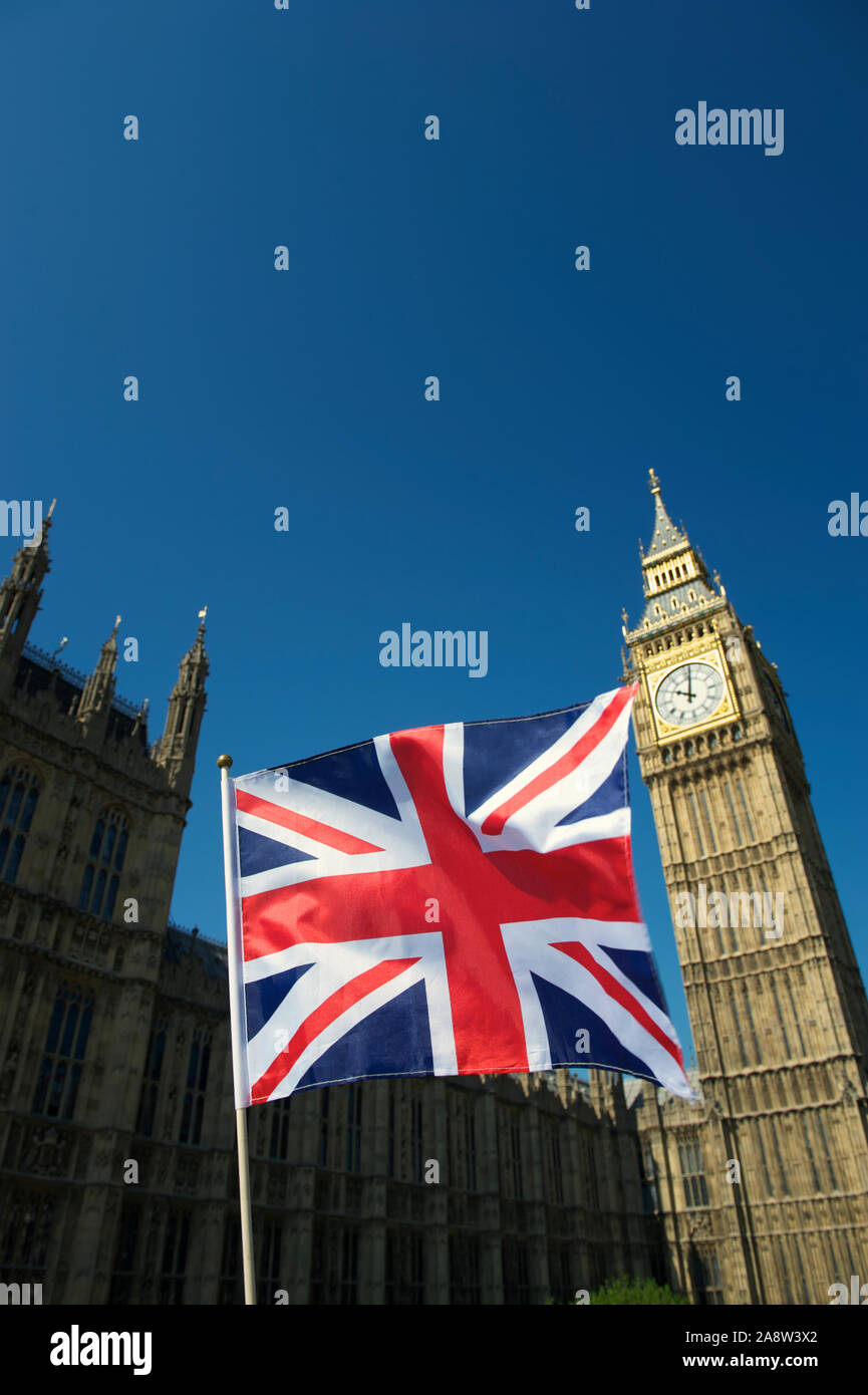 Single Union Jack flag waving in front of Big Ben at the Houses of ...