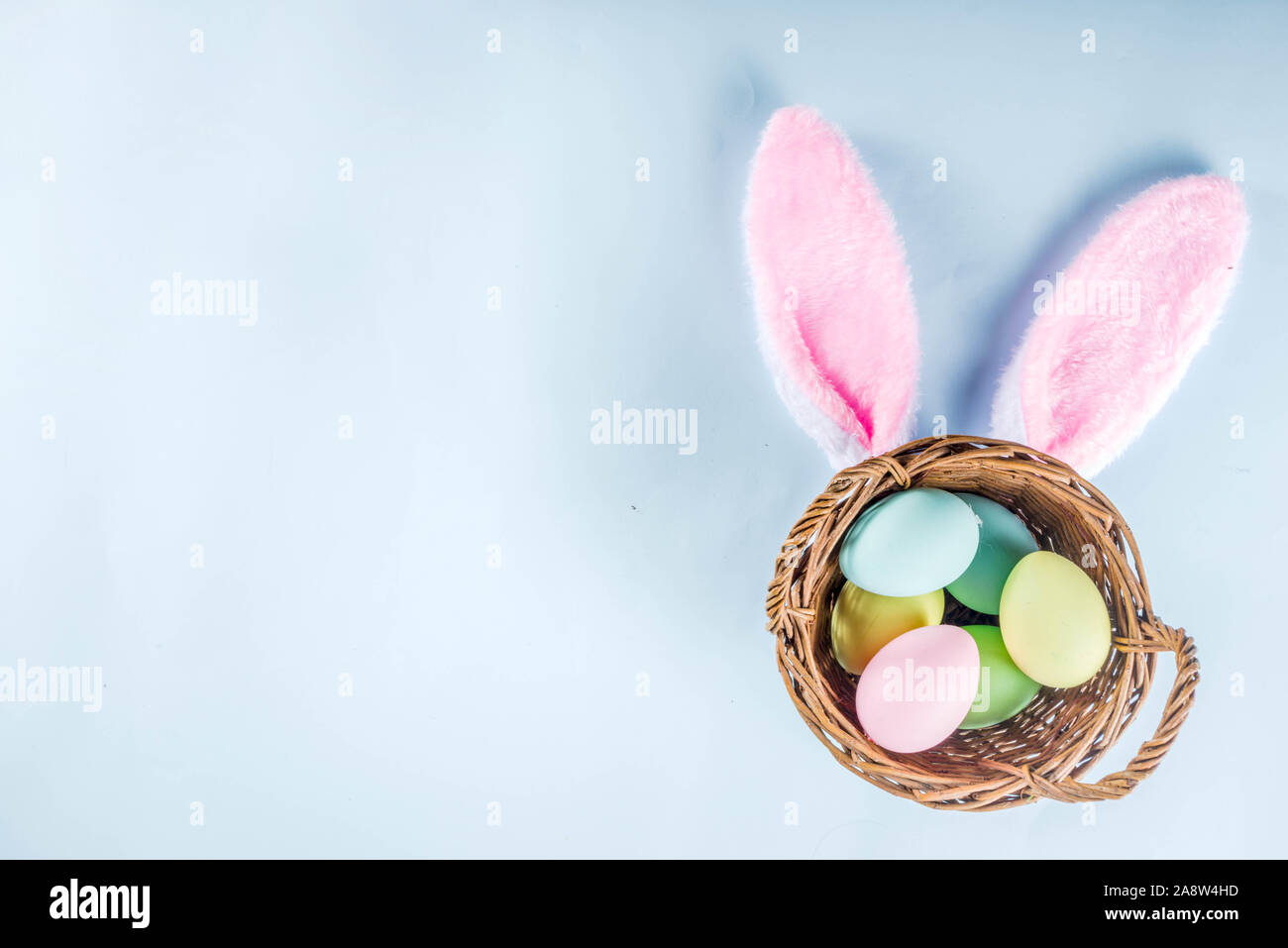 Easter background concept. Blue background with decorative children`s ...