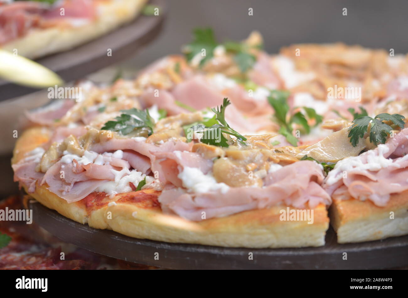 tasty italian pizza dish close up view - with fresh ingredients Stock ...