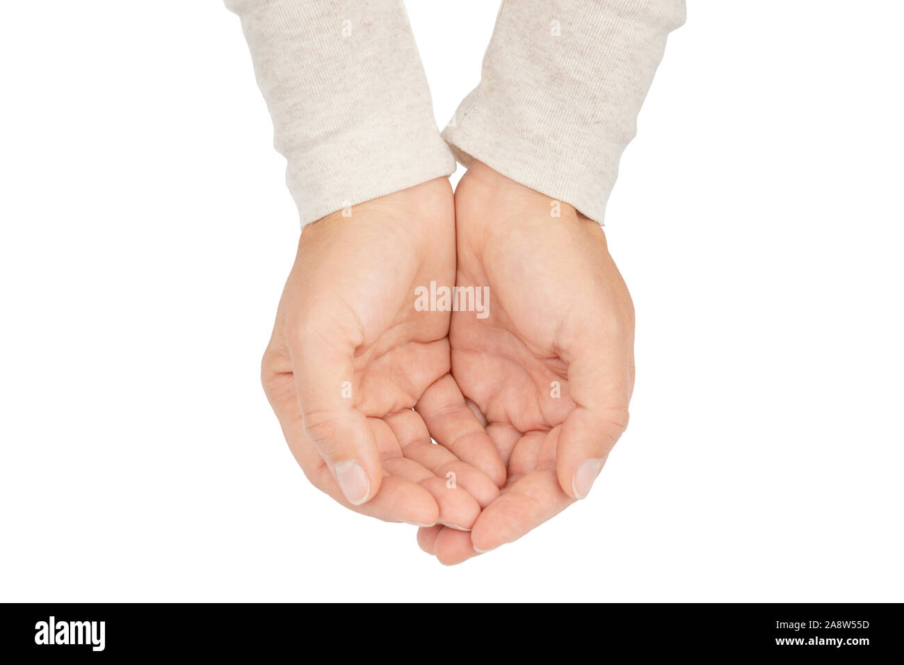 Two empty hands isolated on white. Empty handful, begging for donation ...
