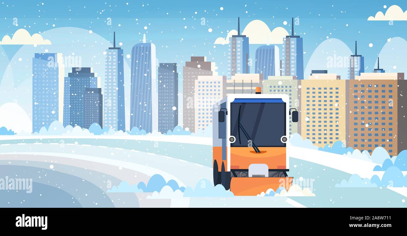 snow plow truck cleaning city road afrer snowfall winter snow removal ...