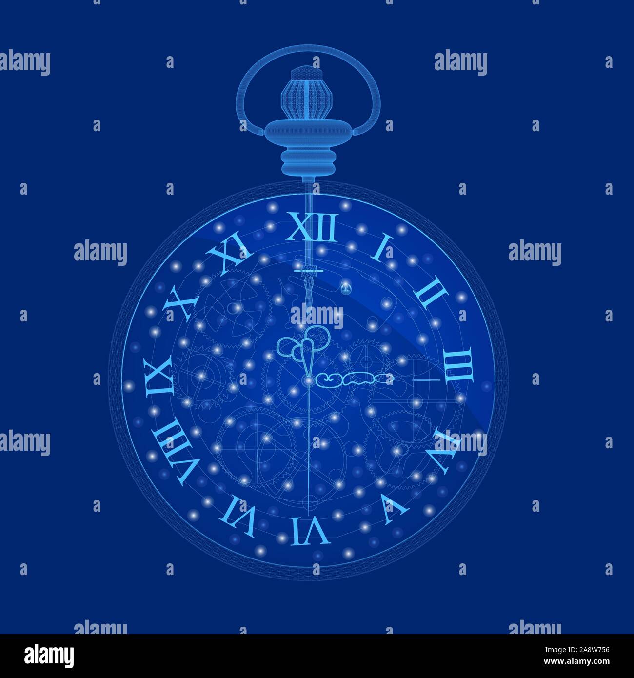 A pocket watch wireframe made of blue lines on a dark background with ...