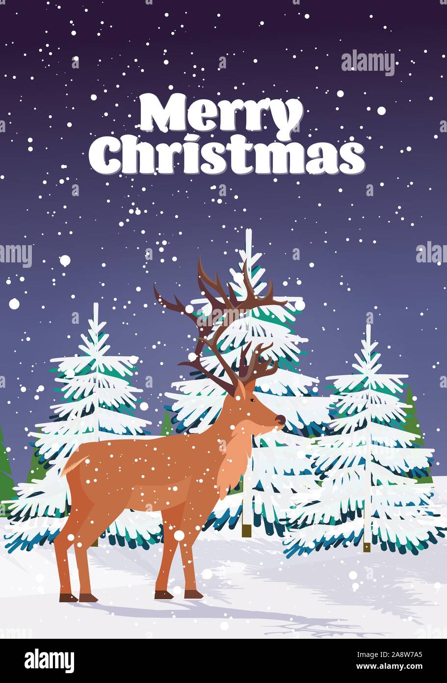 cartoon reindeer standing in winter forest cute deer animal greeting ...