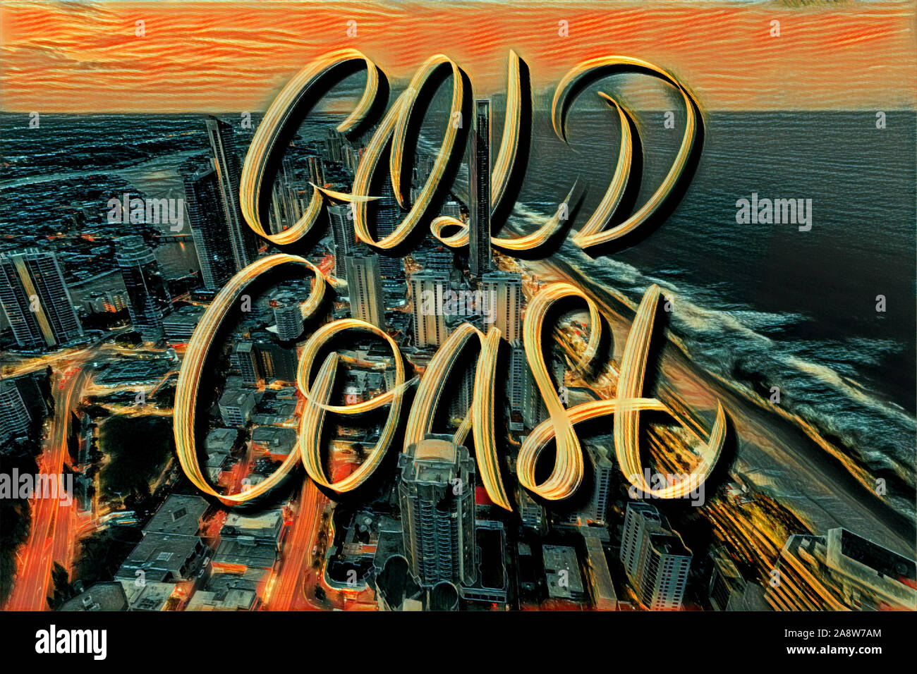 Glold Coast hand lettering over Surfers Paradise skyline landscape ...