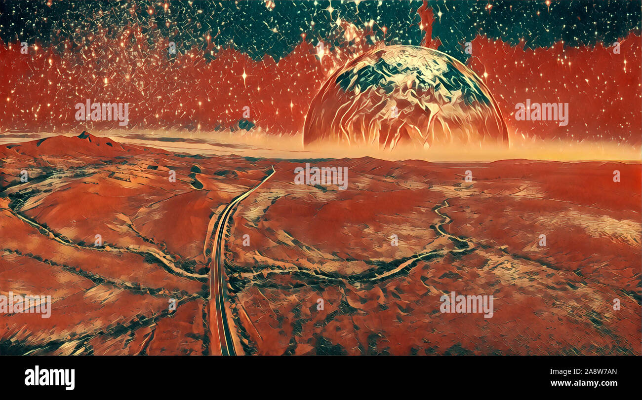 Highway passing through alien landscape digital artwork. Elements of ...