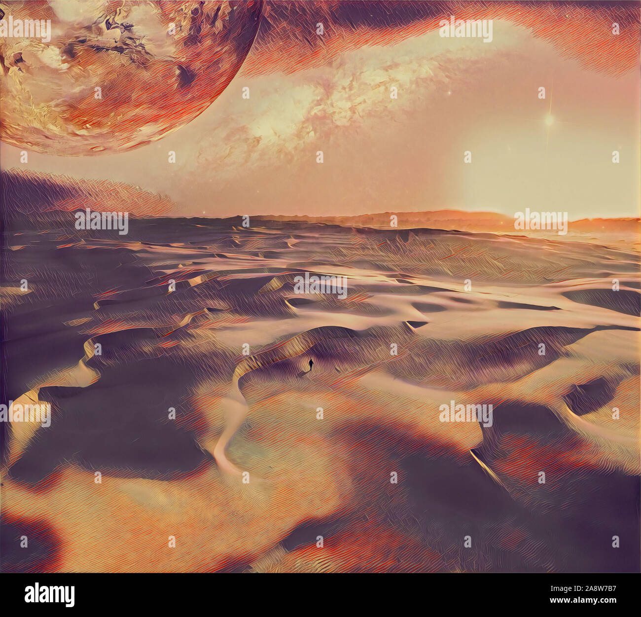 Alien landscape of sunrise over desert with person silhouette - digital ...