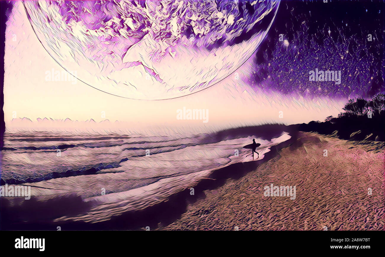 Surfer walking on the beach of alien planet - digital artwork. Elements ...