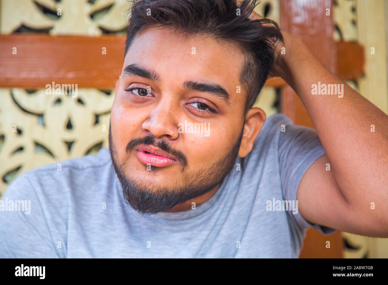 Closeup portrait, young happy handsome man portrait, outdoor in nature ...