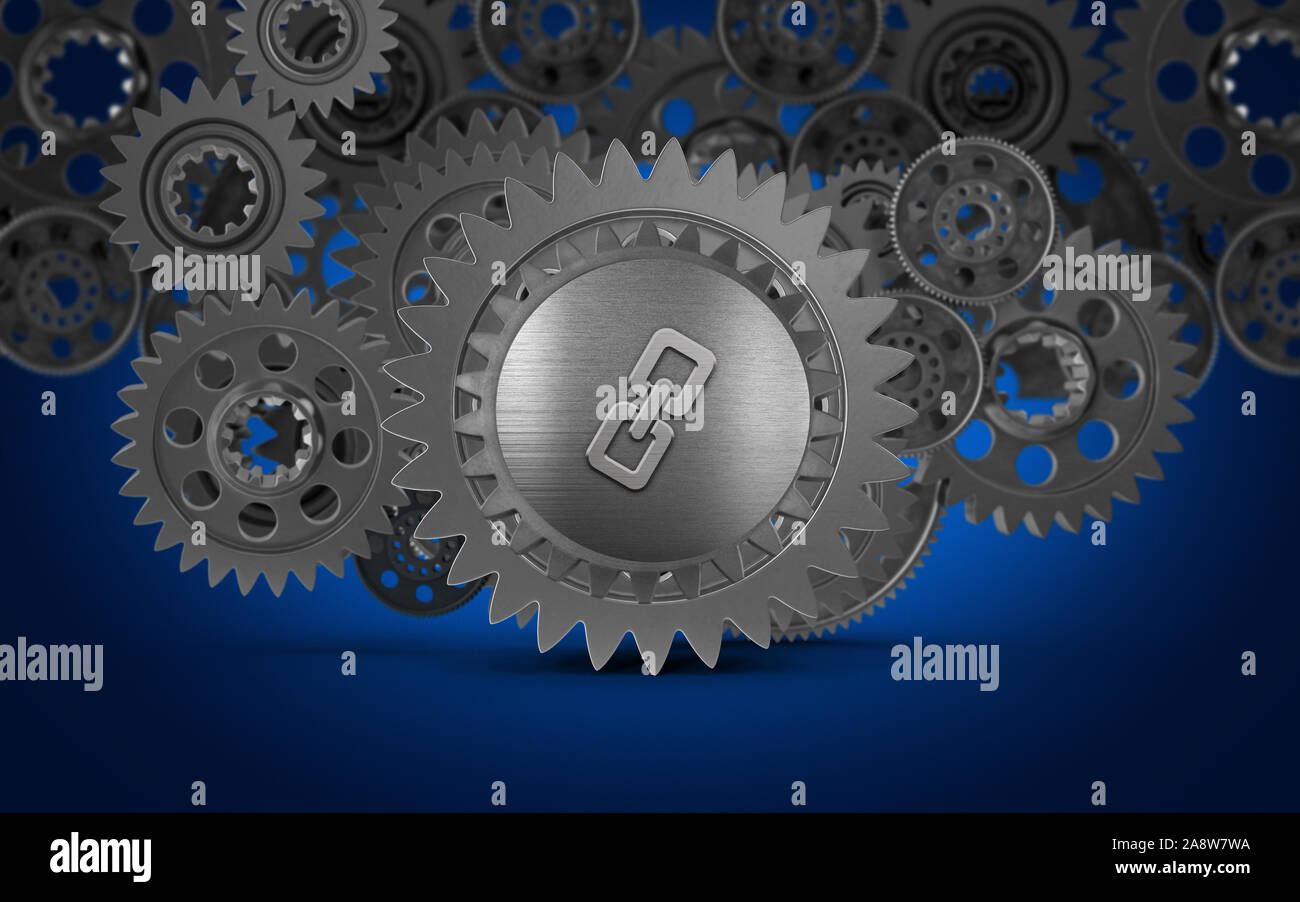 Question mark symbol in a gear of a big machine on blue background ...