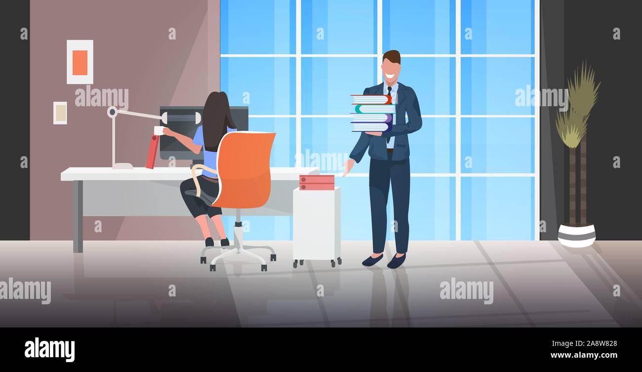 boss giving documents stack to overworked female worker deadline ...