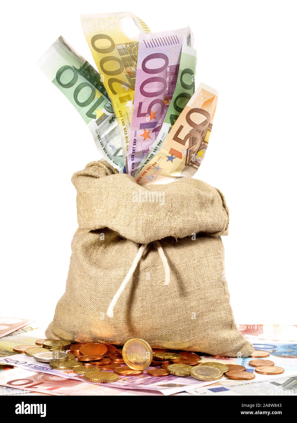 Moneybag with Banknotes and Coins on white Background Stock Photo - Alamy