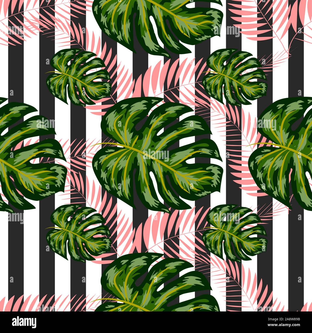 Seamless pattern with tropical leaves: palms, monstera, banana leaves ...