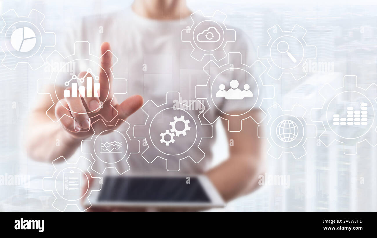 Business process abstract diagram with gears and icons. Workflow and ...