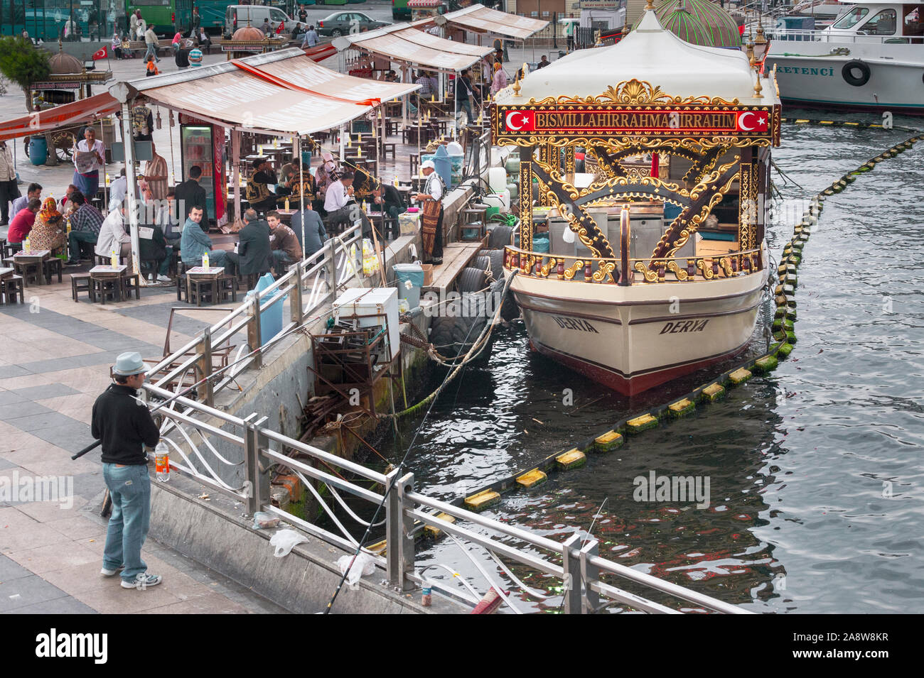 Traditional decorated fish sandwich Balik Ekmek boat in Eminonu ...
