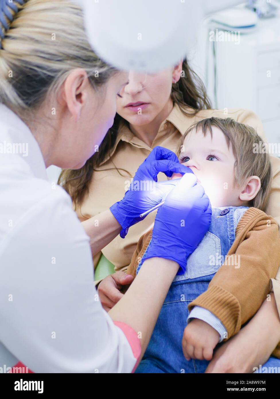 Childrens dentistry. Dental examination. Dentist treats the boys teeth ...