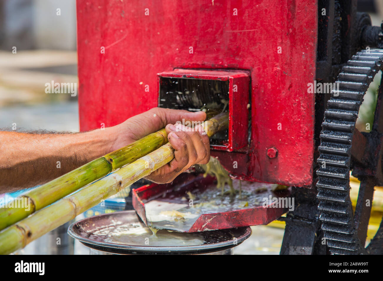 Sugarcane and squeezer machine outdoor in the market.making a juice ...