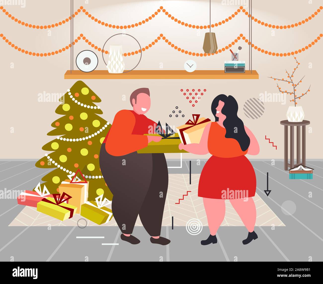 fat obese couple giving gift present boxes to each other merry ...