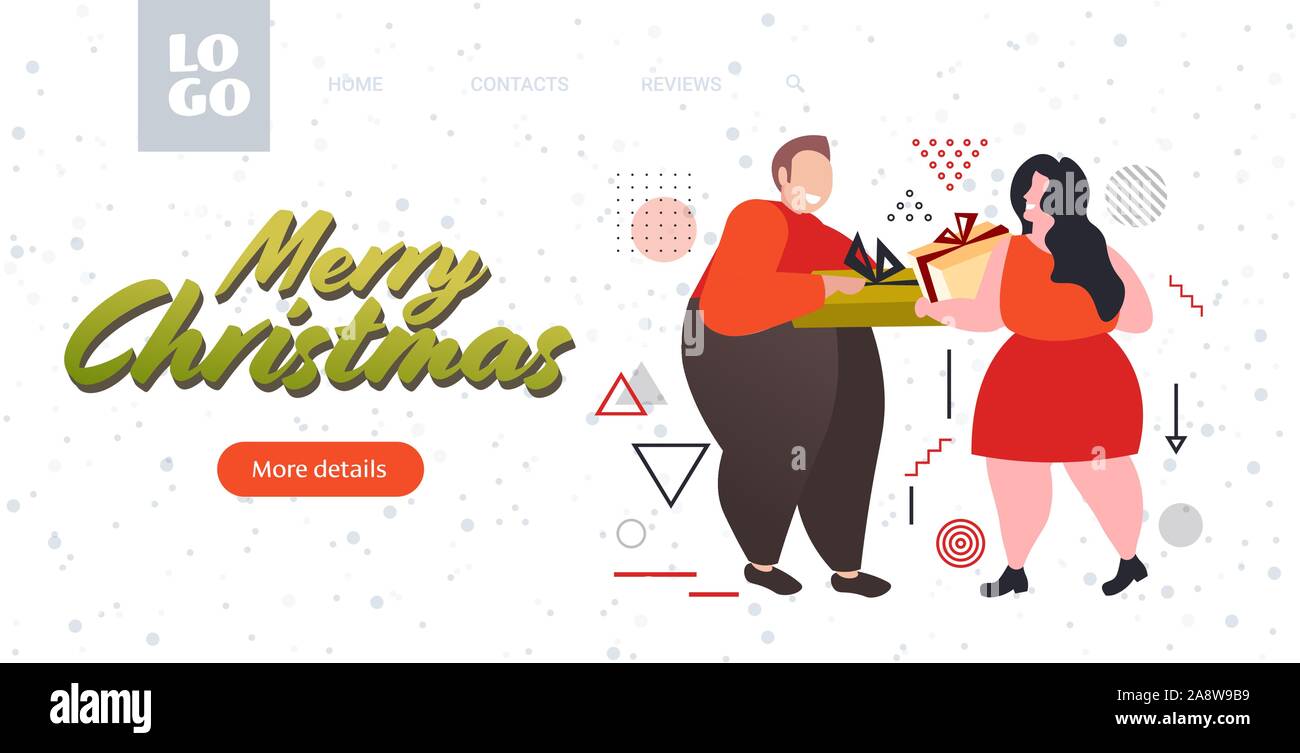 fat obese couple giving gift present boxes to each other merry ...