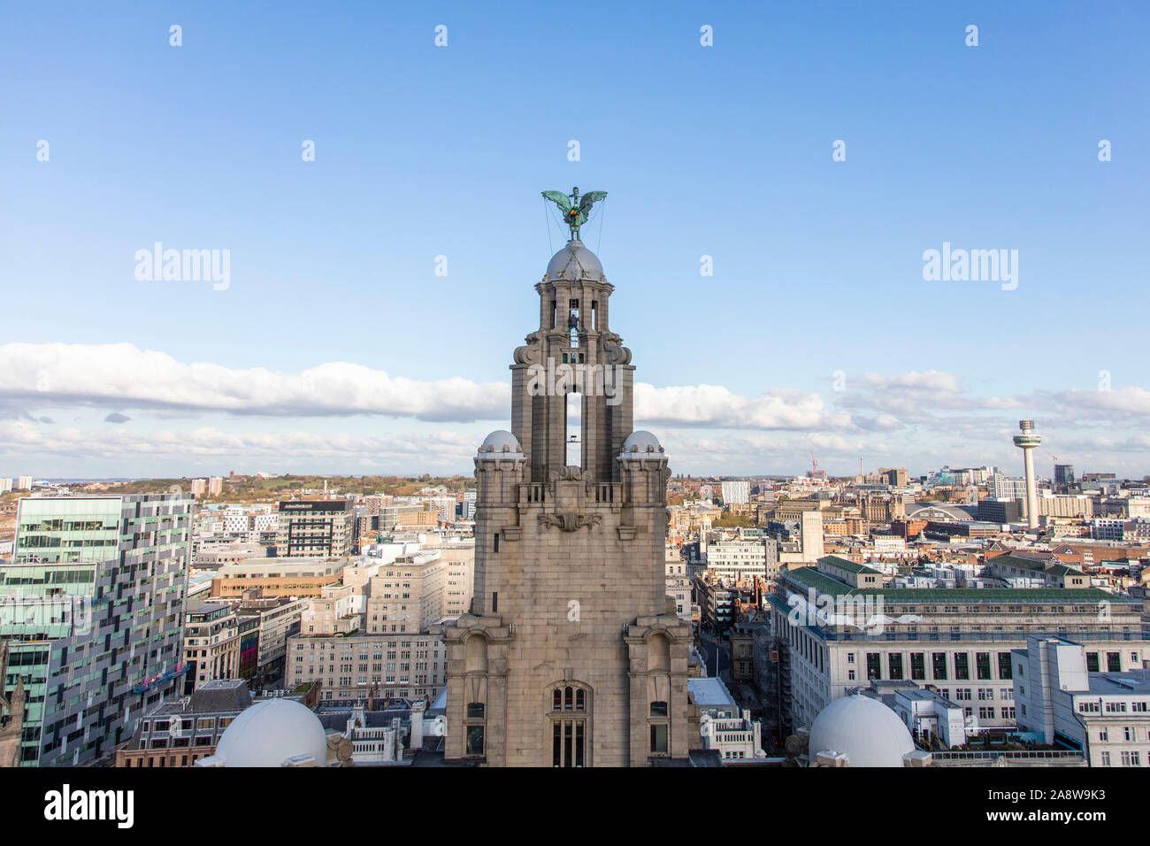 Liverpool, UK - October 30 2019: High aerial view of the Royal Liver ...