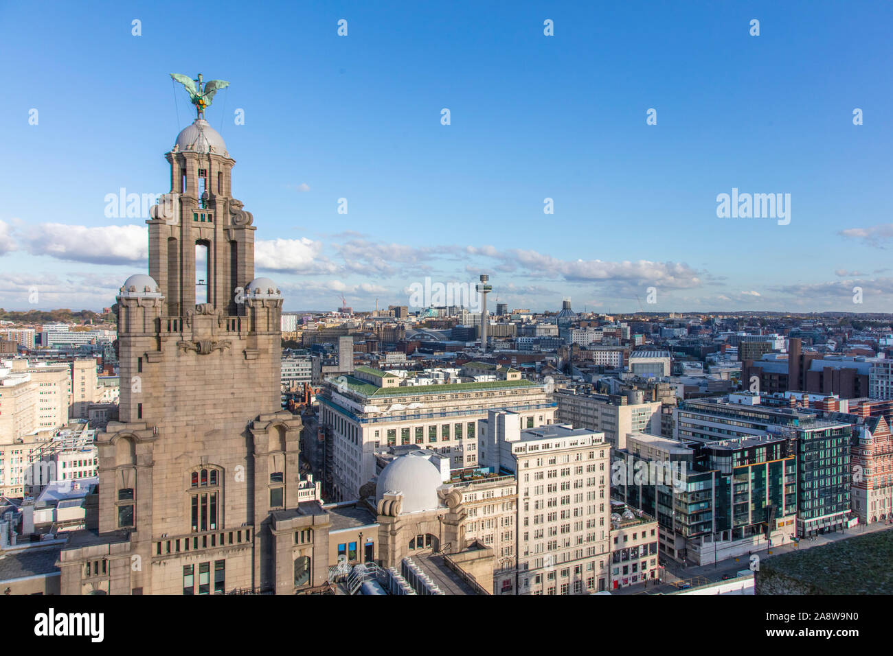 Liverpool, UK - October 30 2019: High aerial view of the Royal Liver ...