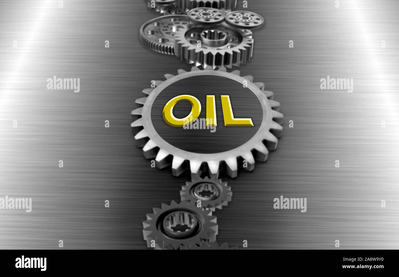 Oil text in a gear of a big machine on metallic background. High ...