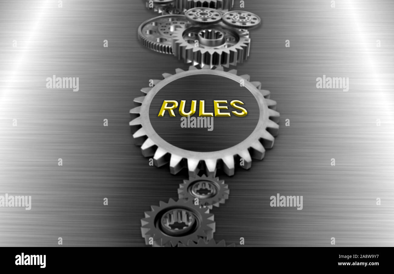 Rules text in a gear of a big machine on metallic background. High ...