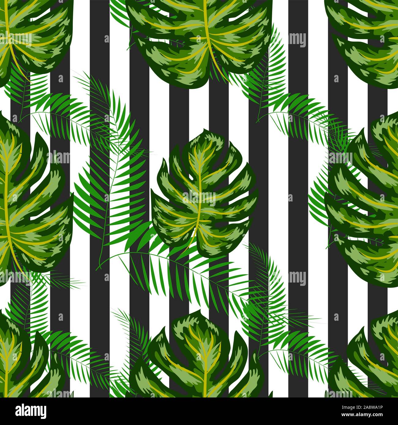 Exotic summer print. Seamless stripe pattern with tropical leaves ...