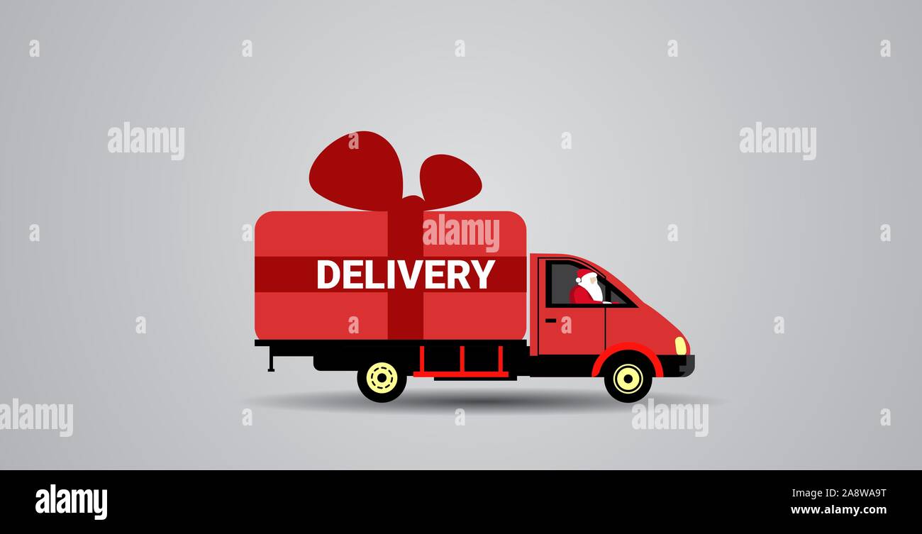 santa claus driving delivery van with gift box container shipping ...