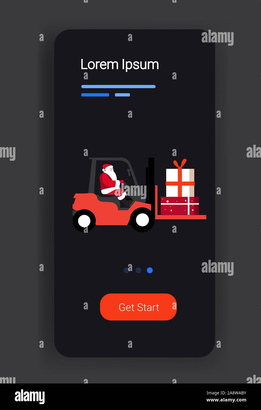 santa claus driving forklift truck loading gift present boxes delivery ...