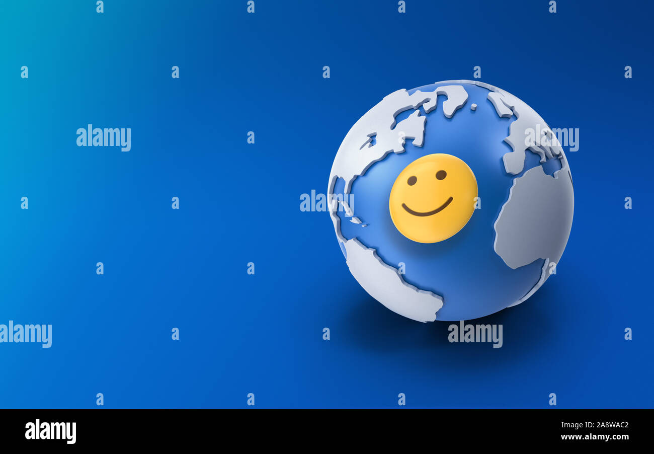 Shiny Smiling Smiley symbol on globe. Business, finance, social media ...
