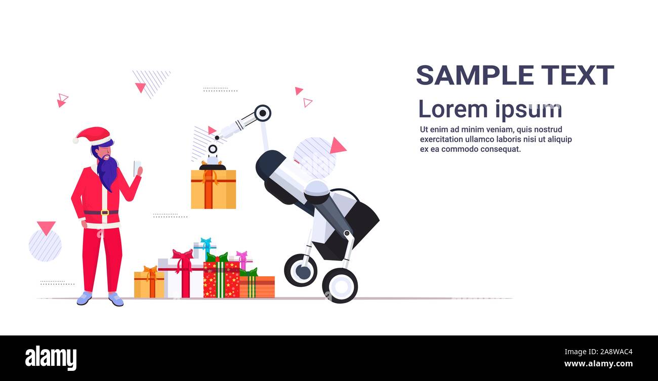 santa claus using mobile app controlling industrial robot carrying gift ...