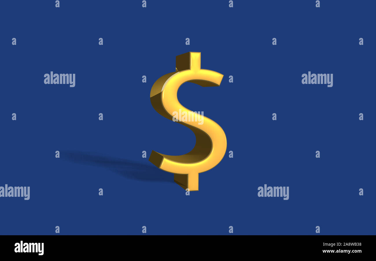 Shiny gold Dollar sign currency symbol is standing in front of blue ...