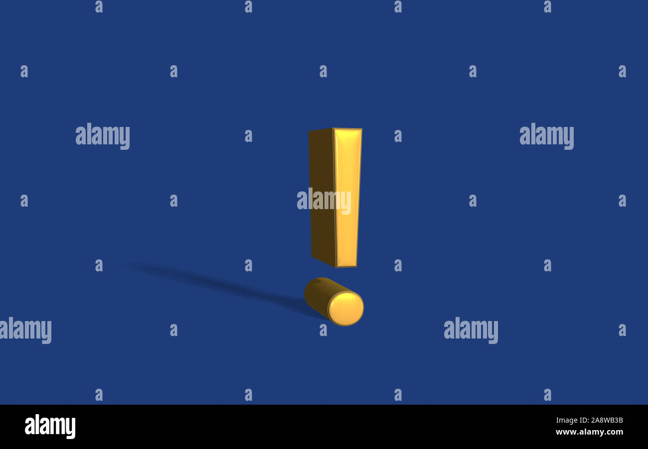 Shiny gold Exclamation Mark symbol is standing against blue background ...