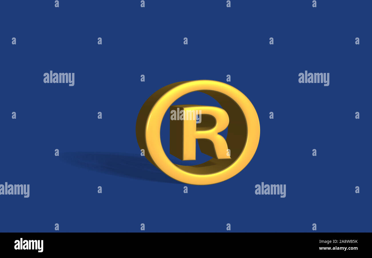 Shiny gold Registered symbol is standing against blue background. 3D ...