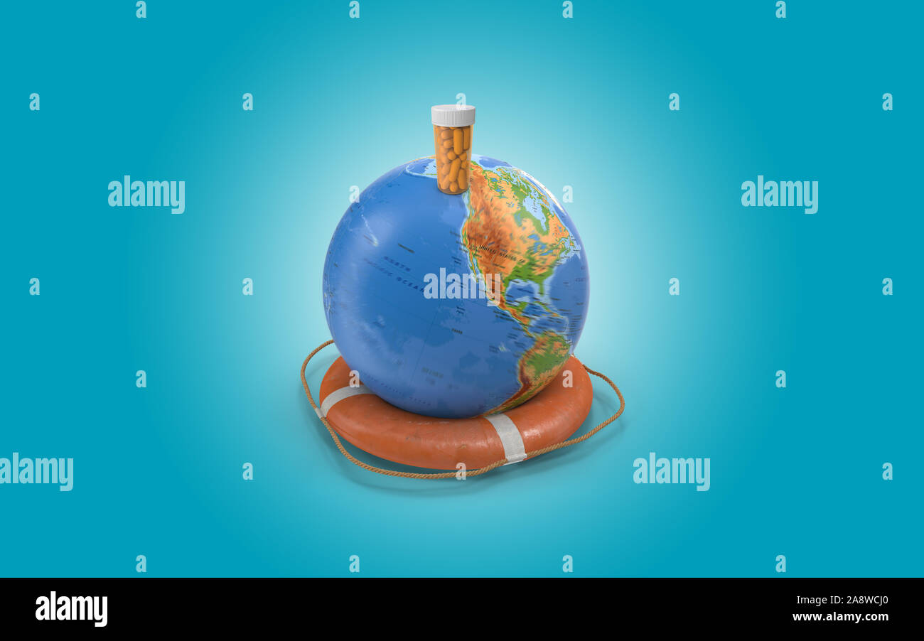 Pills on planet earth with life vest to symbolize a healthy world and ...