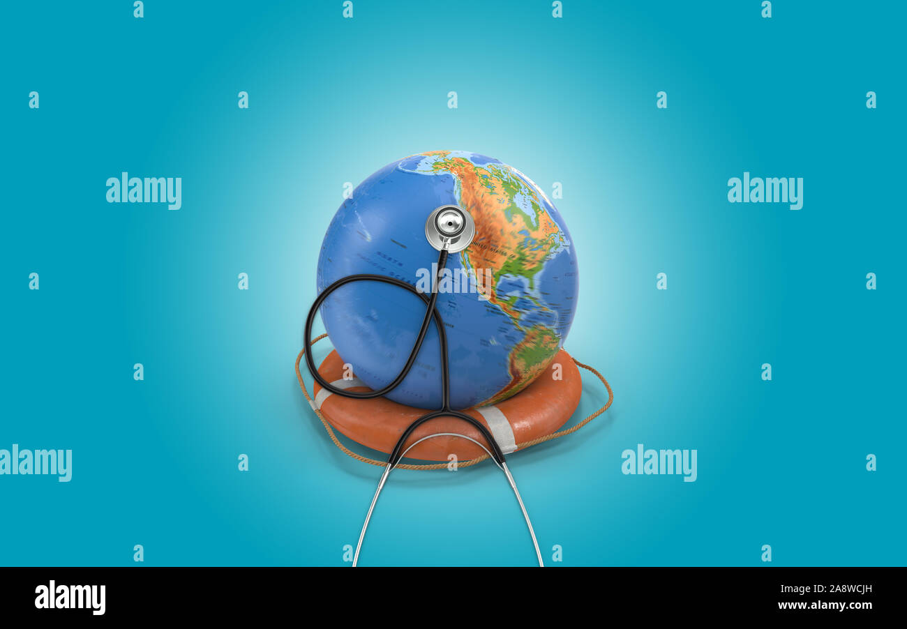 Stethoscope on planet earth with life vest to symbolize a healthy world ...