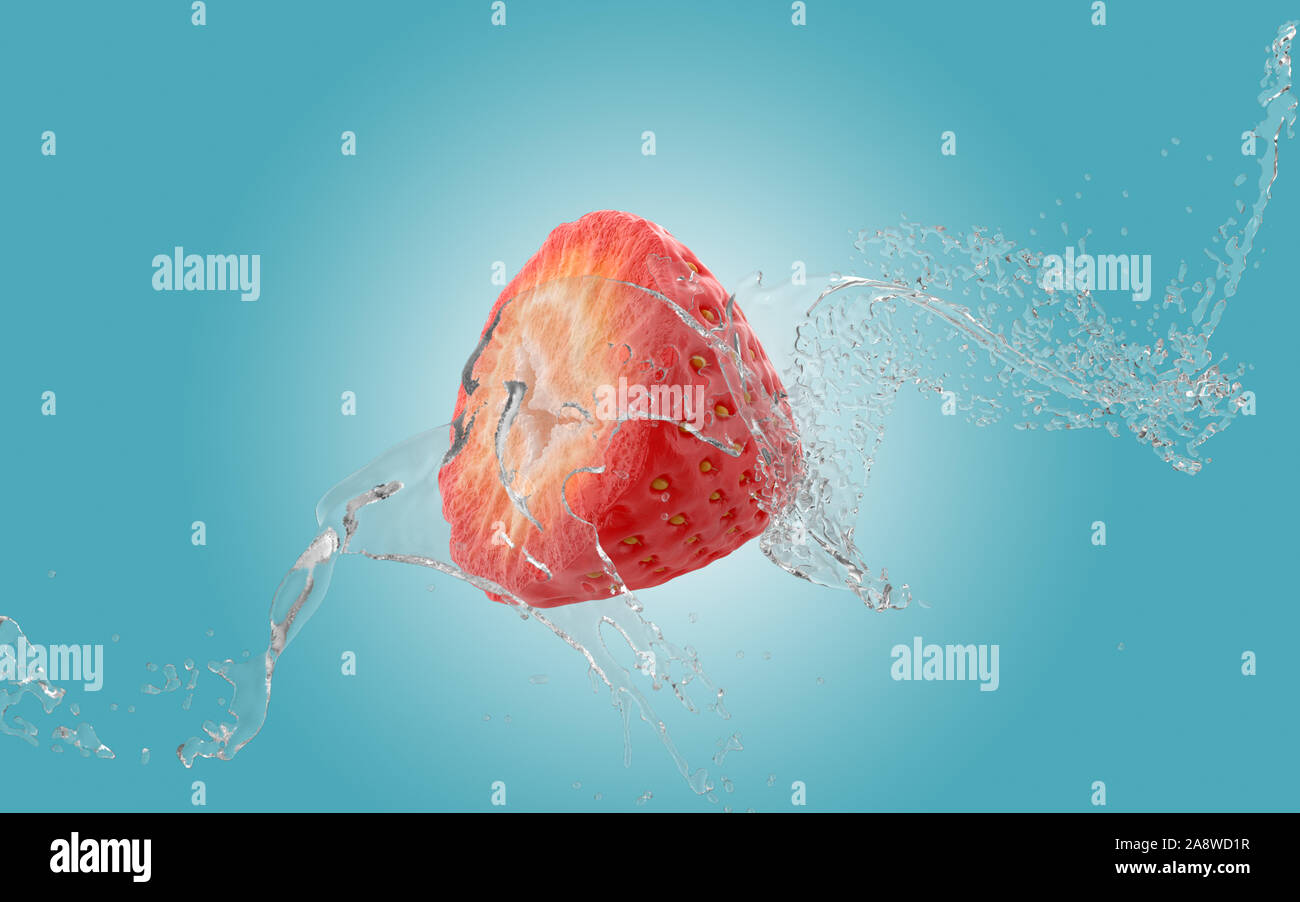 Strawberry is flowing in the air while pure water splashes on blue ...